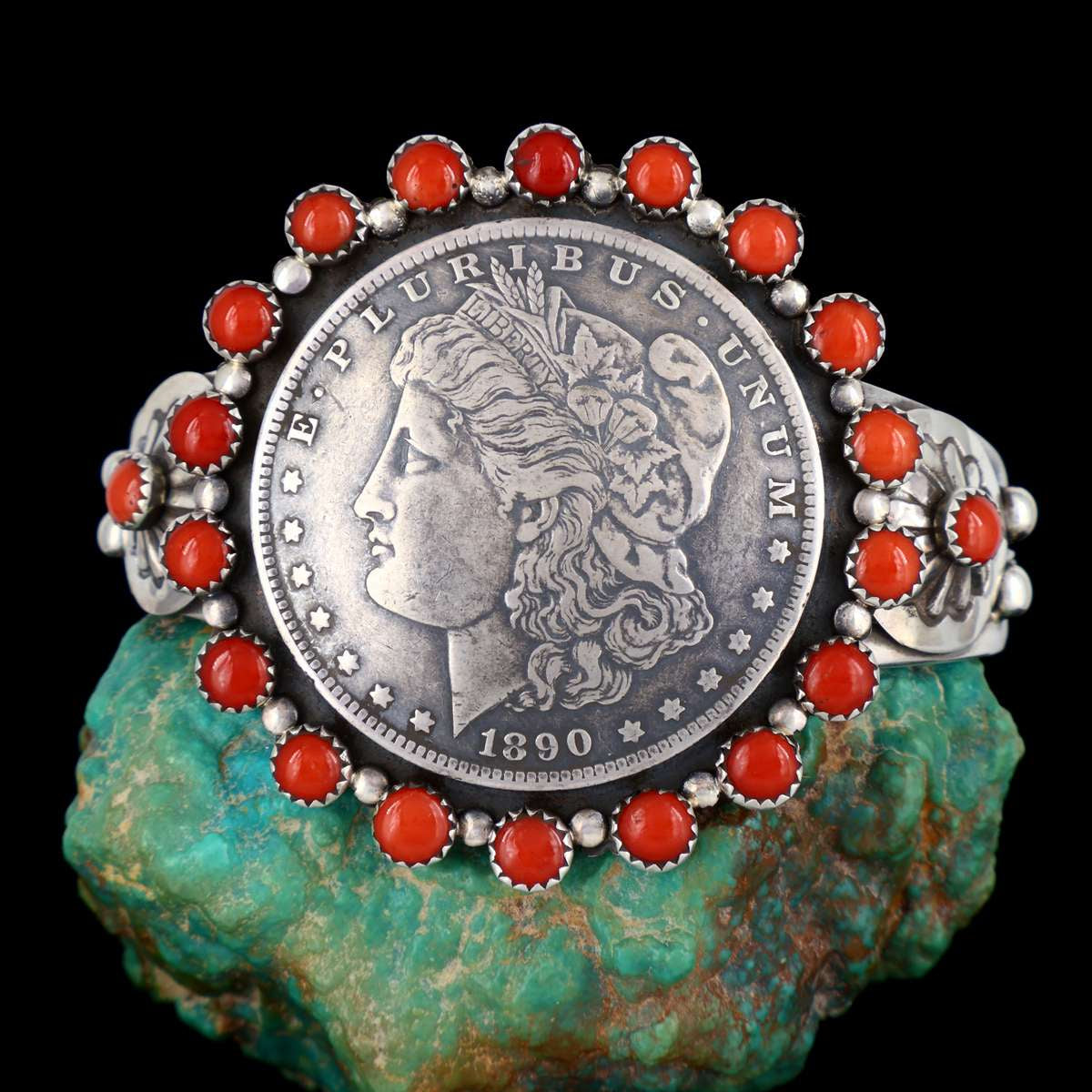 Native American Sterling Silver Coral Morgan Silver Dollar Cuff Bracel ...