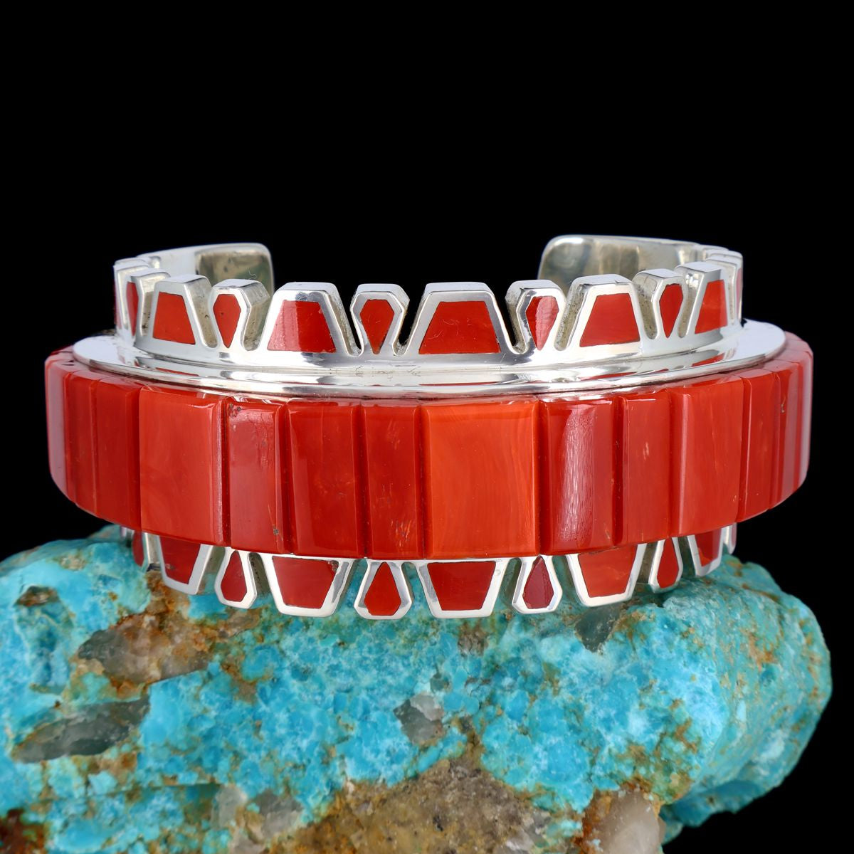 Native American Sterling Silver Coral Cobblestone Inlay Cuff Bracelet ...