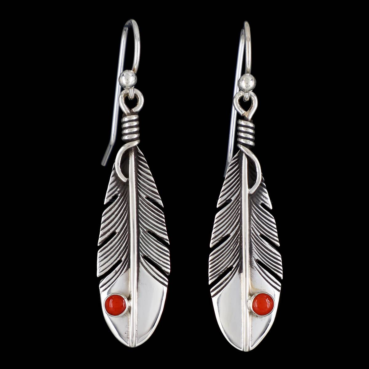 Native American Coral Dangle Feather Earrings – PuebloDirect.com