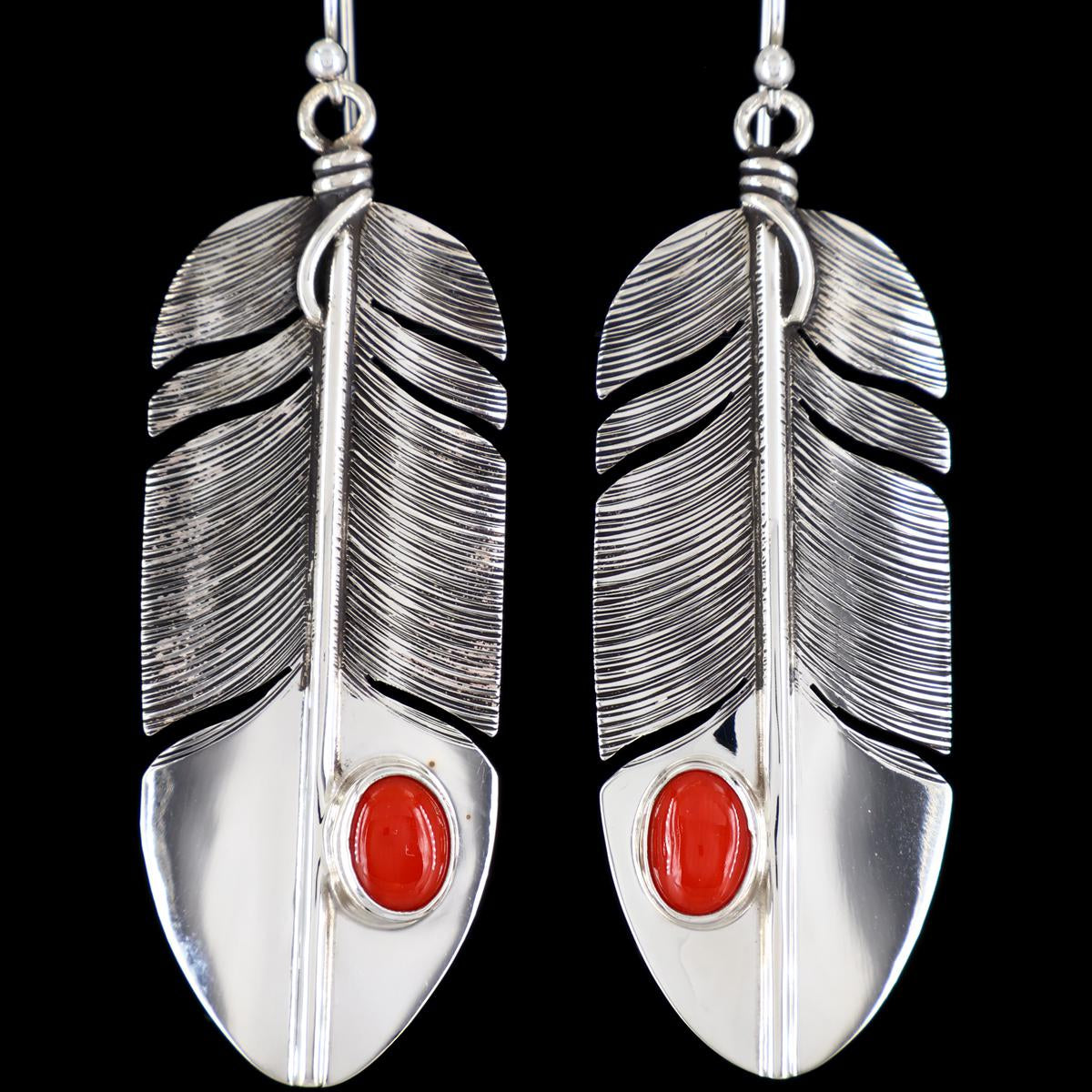 Native American Sterling Silver Coral Dangle Feather Earrings ...
