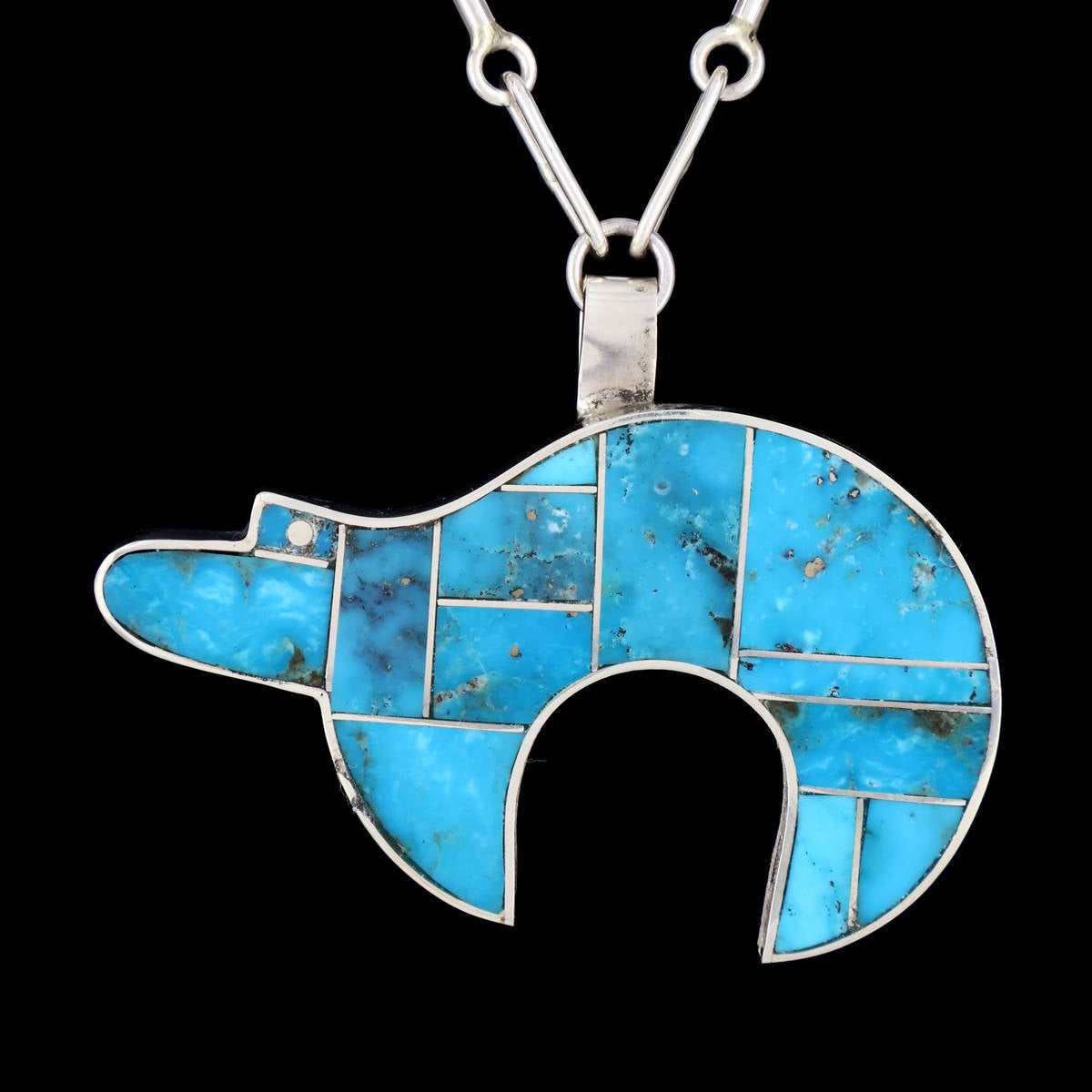Navajo Turquoise Sterling Silver Inlay Bear Pendant – PuebloDirect.com
