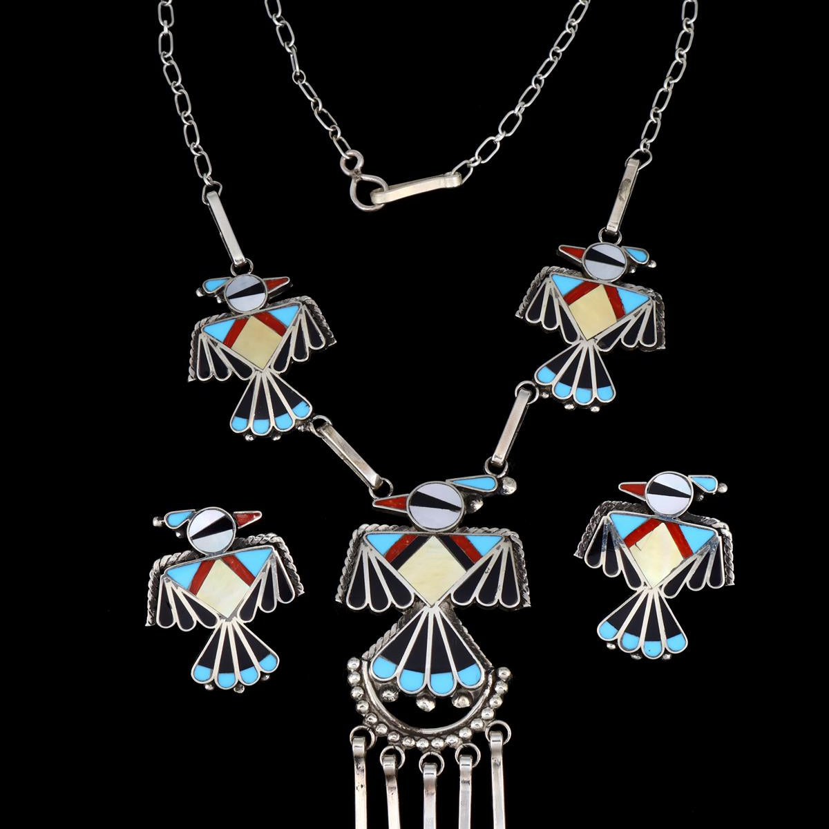 Sterling Silver Native American Zuni Inlay Thunderbird Necklace Set ...
