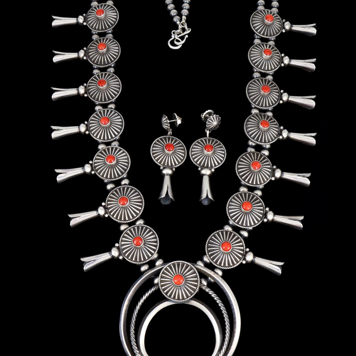 Native American Sterling Silver Red Coral Squash Blossom Necklace Set ...