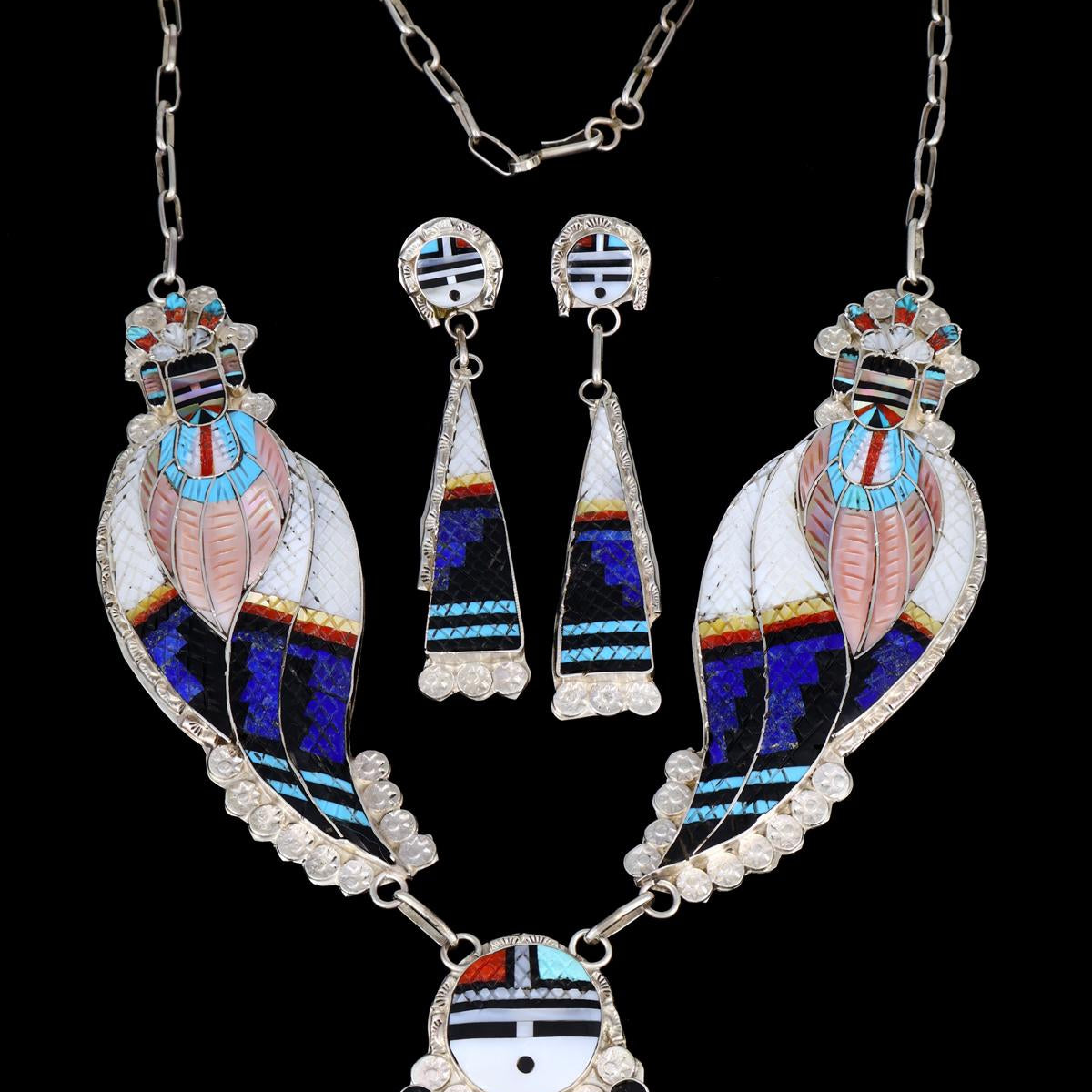 Sterling Silver Zuni Inlay Corn Maiden Necklace and Earrings Set ...